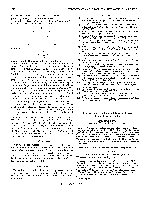 (PDF) Constructions, families, and tables of binary linear covering codes | Alexander Davydov ...