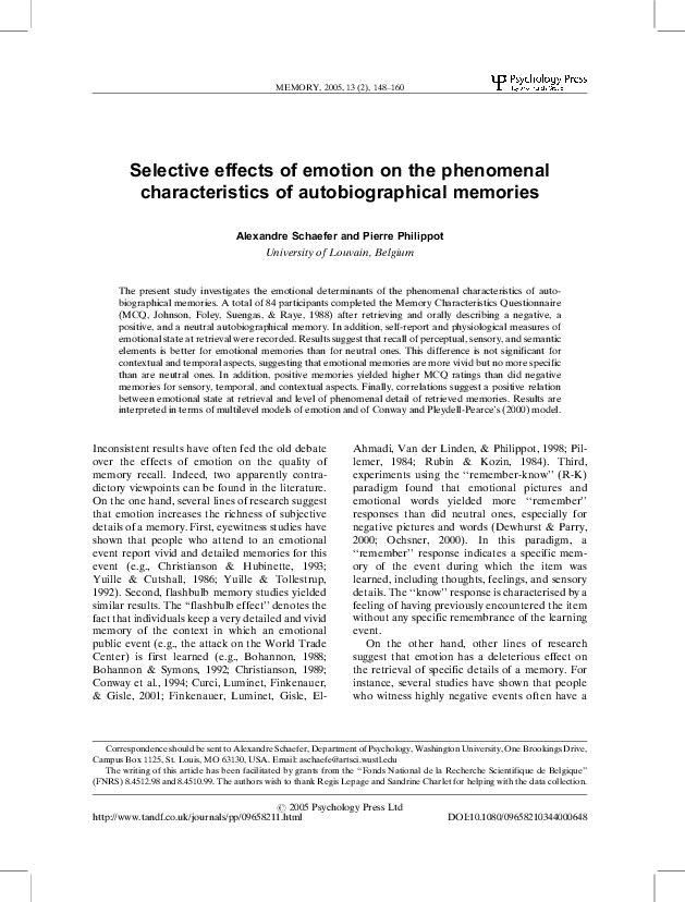(PDF) Selective effects of emotion on the phenomenal characteristics of autobiographical ...