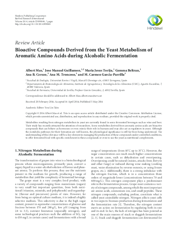 (PDF) Bioactive Compounds Derived from the Yeast Metabolism of Aromatic ...