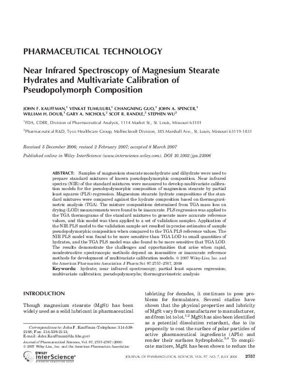 (PDF) Near infrared spectroscopy of magnesium stearate hydrates and ...