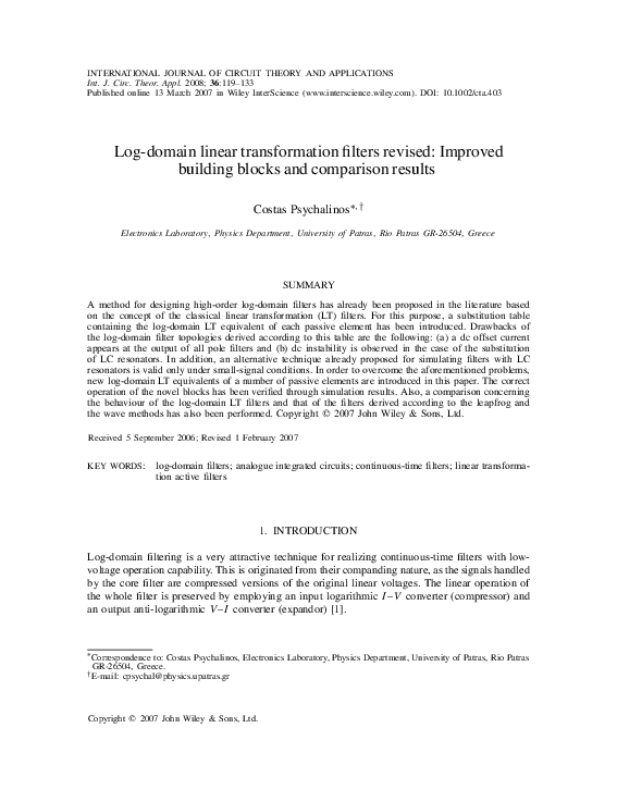 Pdf Log Domain Linear Transformation Filters Revised Improved Building Blocks And Comparison