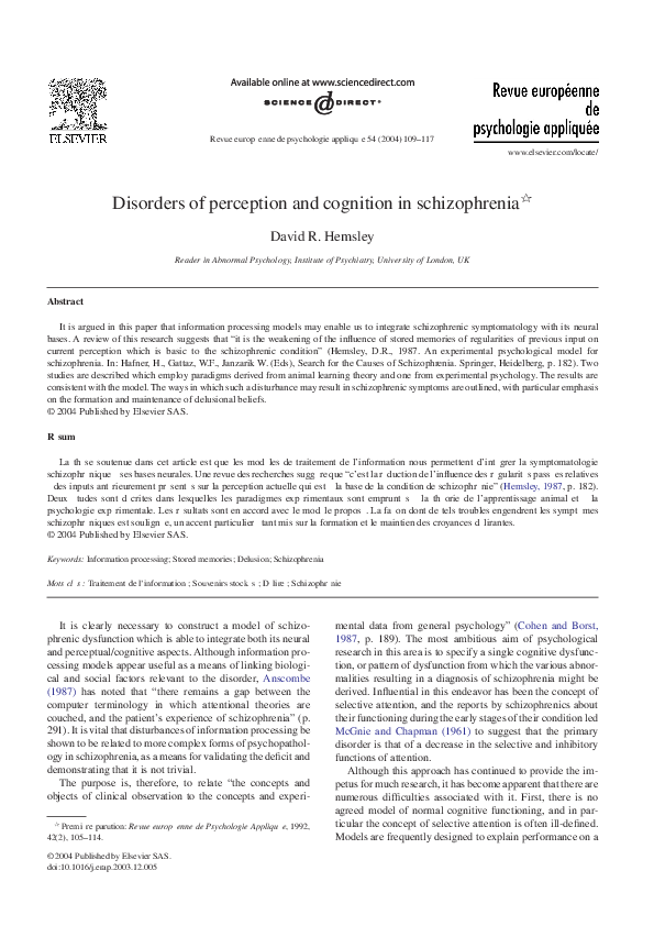 (PDF) Disorders of perception and cognition in schizophrenia
