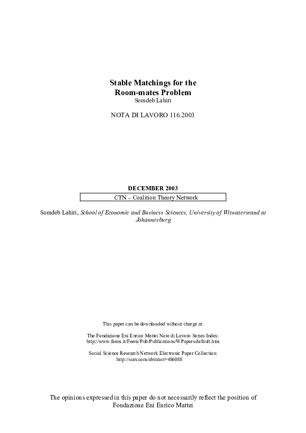 (PDF) Stable Matchings for the Room-mates Problem