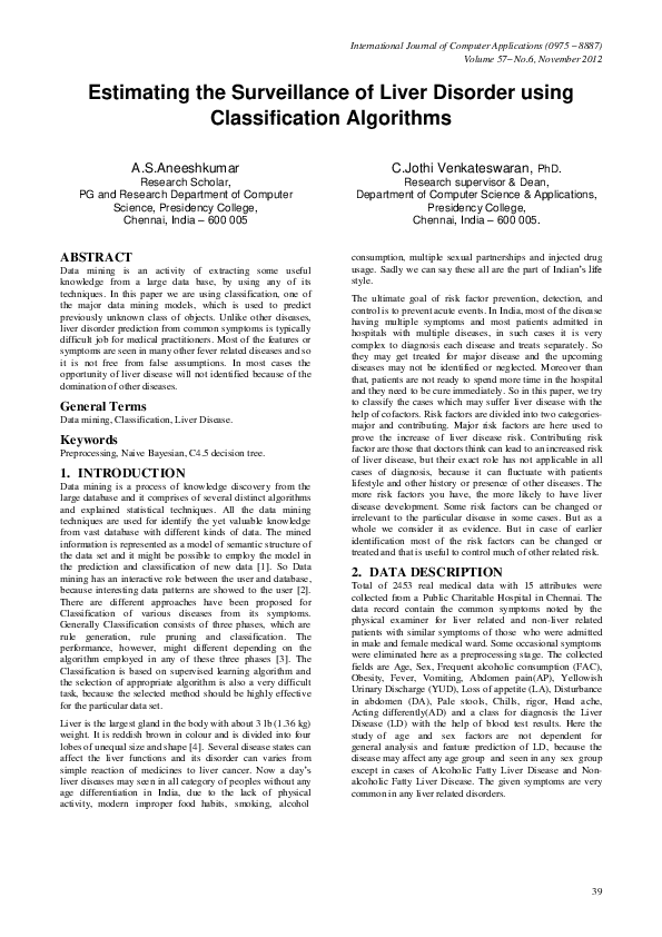 (PDF) 1. Estimating the Surveillance of Liver Disorder using Classification Algorithms