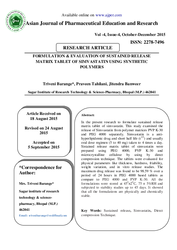 Pdf Formulation And Evaluation Of Sustained Release Matrix Tablet Of Simvastatin Using Synthetic