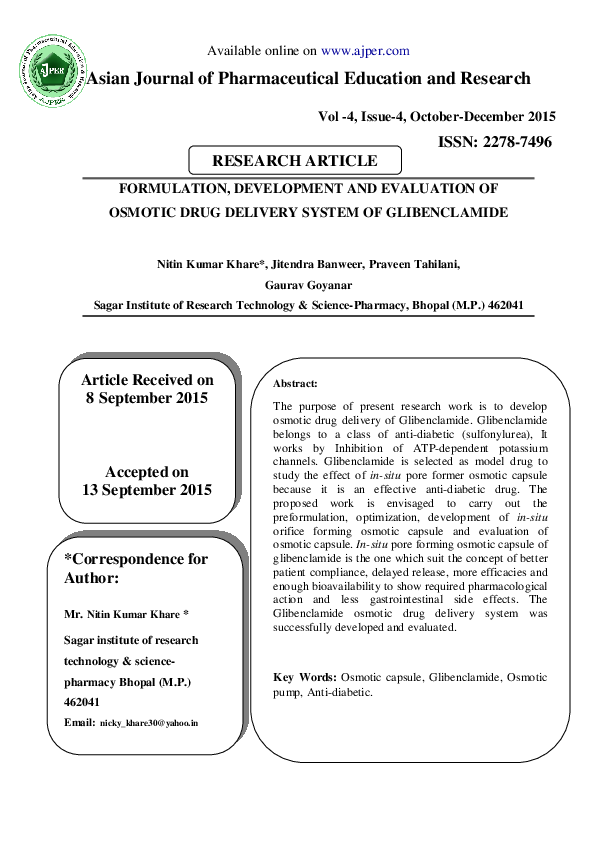 Pdf Formulation Development And Evaluation Of Osmotic Drug Delivery System Of Glibenclamide