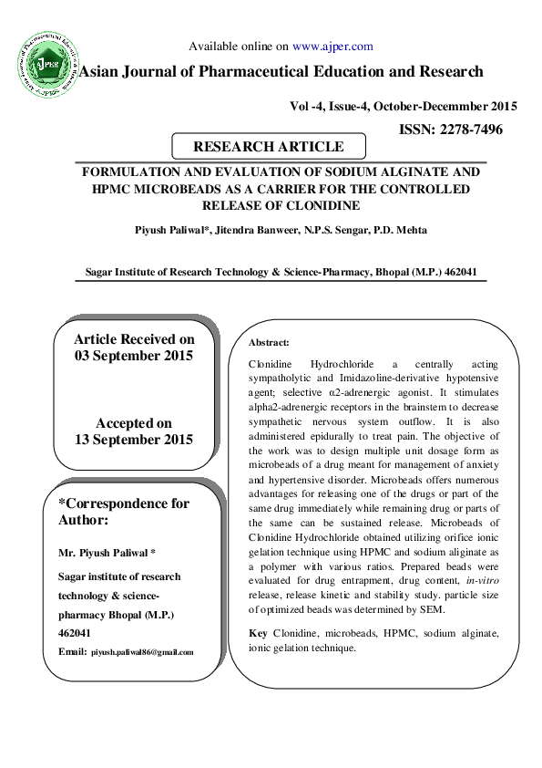 Pdf Formulation And Evaluation Of Sodium Alginate And Hpmc Microbeads As A Carrier For The