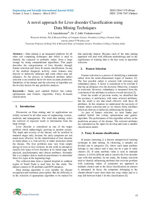 (PDF) A novel approach for Liver disorder Classification using Data Mining Techniques