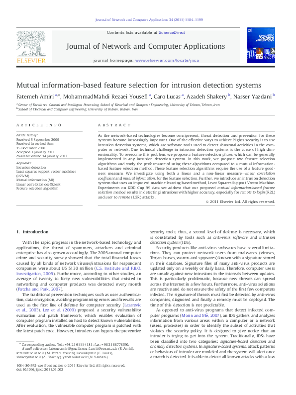 Pdf Mutual Information Based Feature Selection For Intrusion Detection Systems 2957