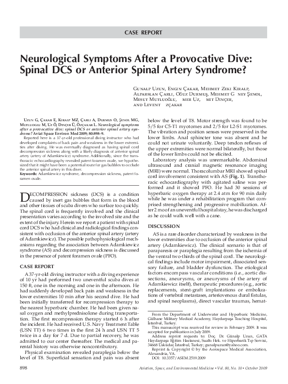 (PDF) Neurological Symptoms After a Provocative Dive: Spinal DCS or ...