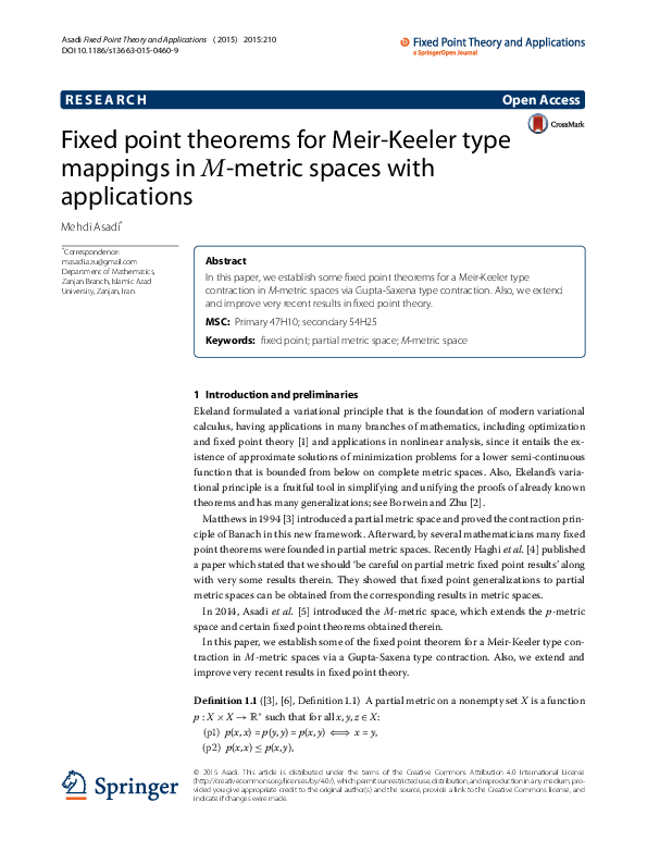 Pdf Fixed Point Theorems For Meir Keeler Type Mappings In M Metric Spaces With Applications