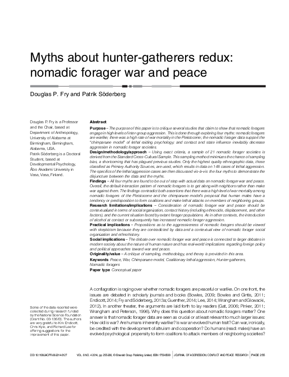 (PDF) Myths about hunter-gatherers redux: nomadic forager war and peace