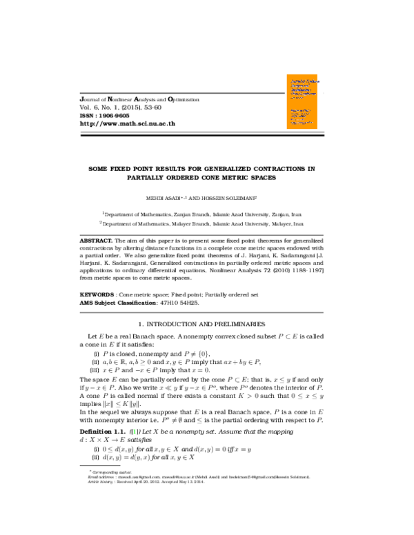 Pdf Some Fixed Point Results For Generalized Contractions In Partially Ordered Cone Metric