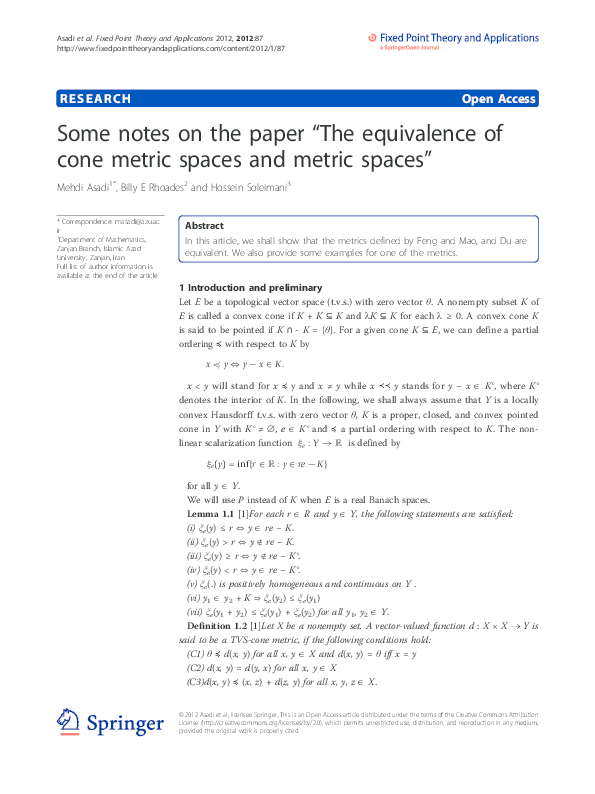 Pdf Some Notes On The Paper The Equivalence Of Cone Metric Spaces