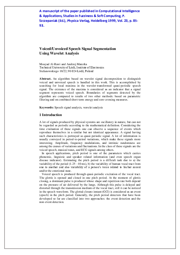 Pdf Voicedunvoiced Speech Signal Segmentation Using Wavelet Analysis 5532
