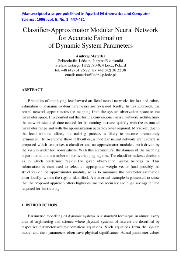 (PDF) Classifier-approximator modular neural network for accurate estimation of dynamic systems ...