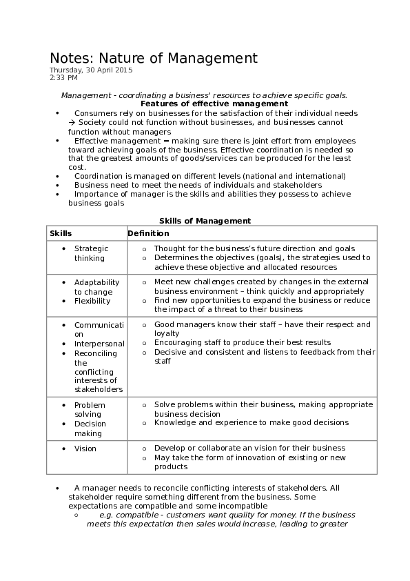 (DOC) Notes Nature of Management
