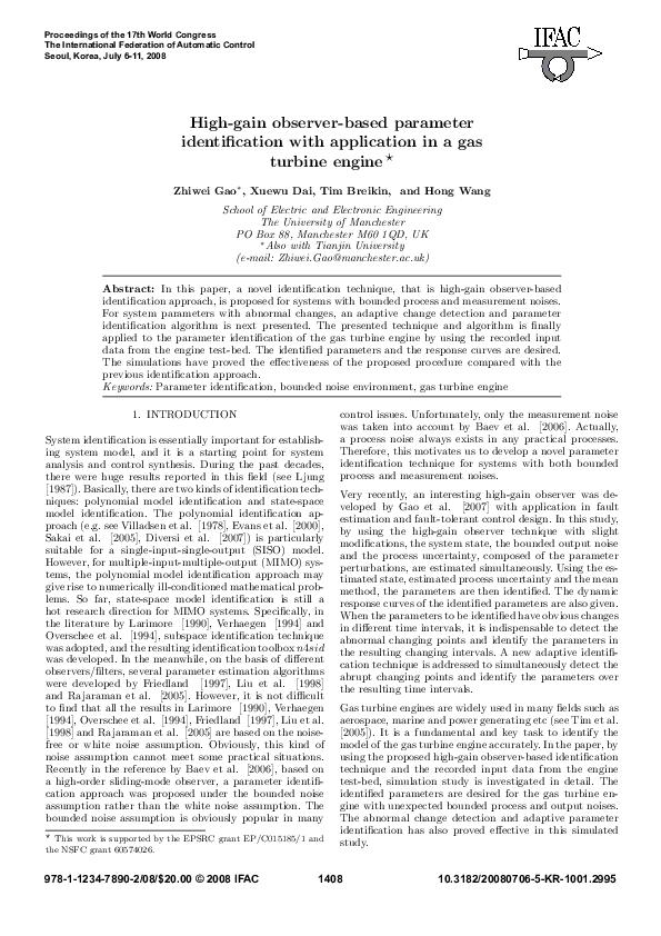 Pdf High Gain Observer Based Parameter Identification With Application In A Gas Turbine Engine