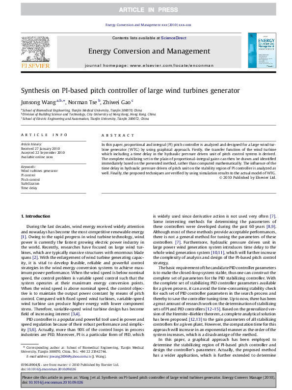 (PDF) Synthesis on PI-based pitch controller of large wind turbines ...