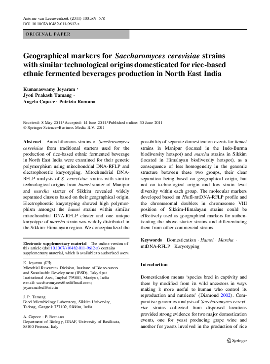 Pdf Geographical Markers For Saccharomyces Cerevisiae Strains With Similar Technological