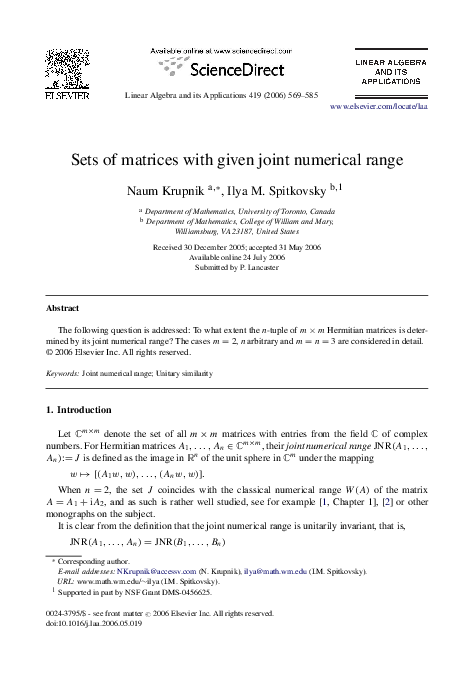 Pdf Sets Of Matrices With Given Joint Numerical Range