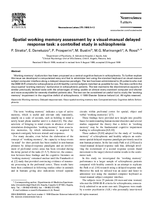 Pdf Spatial Working Memory Assessment By A Visual Manual Delayed Response Task A Controlled