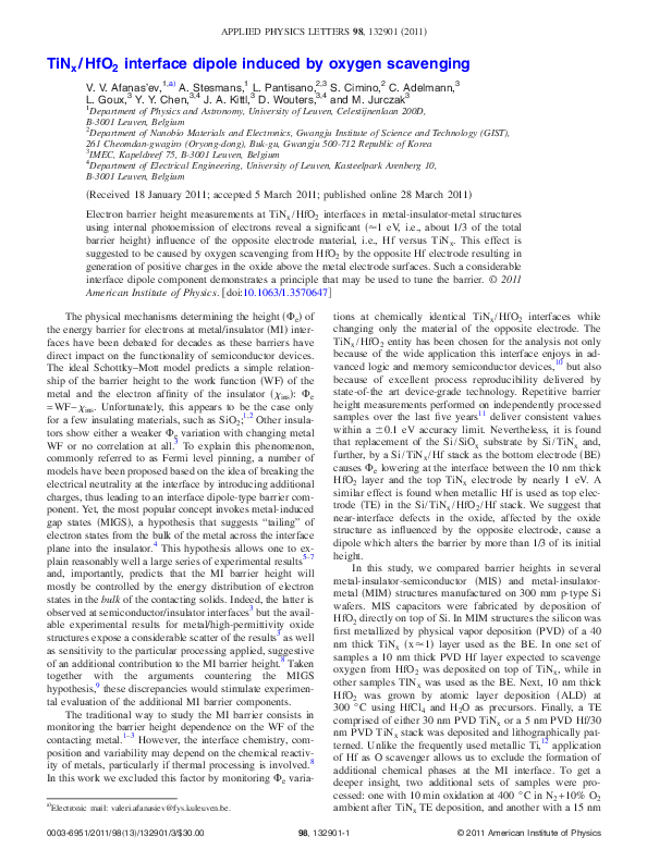 Pdf Tin[sub X] Hfo[sub 2] Interface Dipole Induced By Oxygen Scavenging
