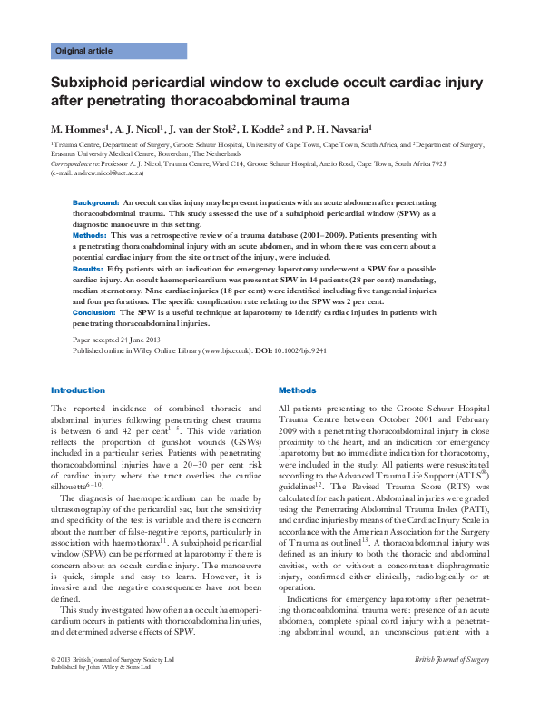 (PDF) Subxiphoid pericardial window to exclude occult cardiac injury ...