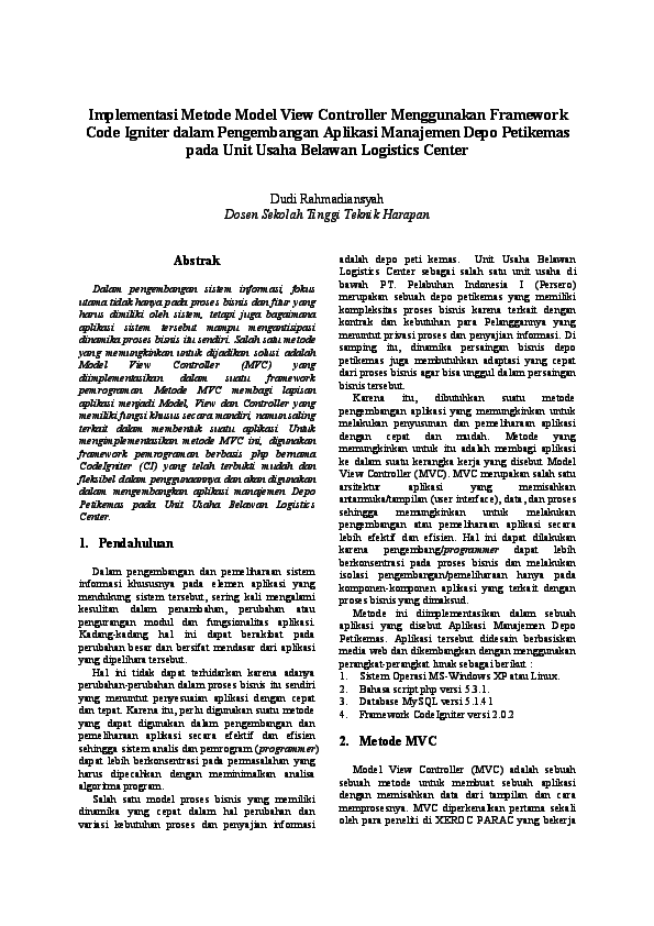 (PDF) Implementasi Metode Model View Controller Menggunakan Framework ... (PDF) Implementasi Metode Model View Controller Menggunakan Framework ...