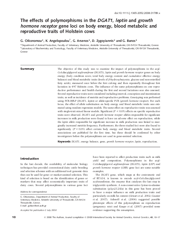 (PDF) The effects of polymorphisms in the DGAT1 , leptin and growth hormone receptor gene loci ...