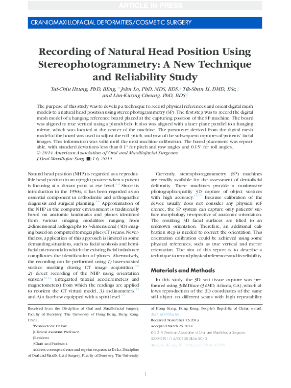 (PDF) Recording of natural head position using stereo-photogrammetry: A ...