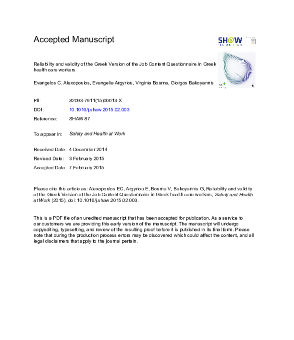Pdf Reliability And Validity Of The Greek Version Of The Job Content