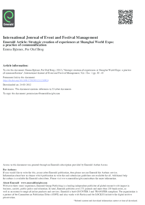 (PDF) Strategic creation of experiences at Shanghai World Expo: a ...