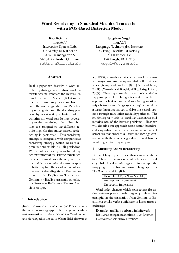 (PDF) Word Reordering in Statistical Machine Translation with a POS-Based Distortion Model