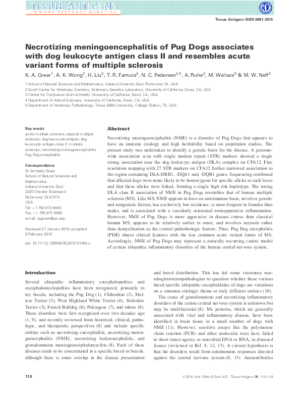 (PDF) Necrotizing meningoencephalitis of Pug Dogs associates with dog ...