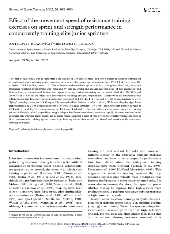 Pdf Effect Of The Movement Speed Of Resistance Training Exercises On Sprint And Strength