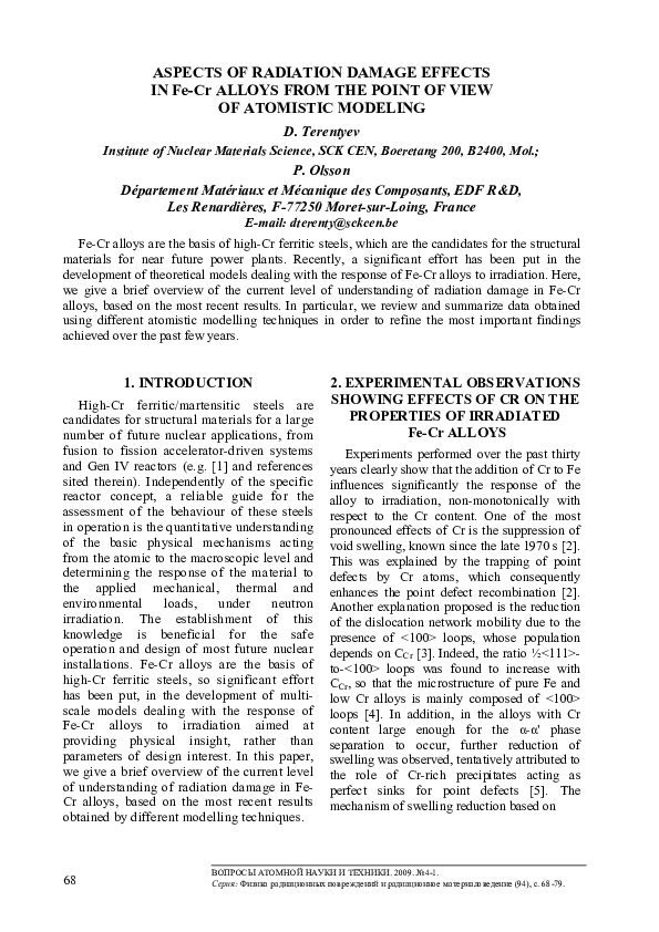 (PDF) Aspects Of Radiation Damage Effects In Fe-Cr Alloys From The Point Of View Of Atomistic ...