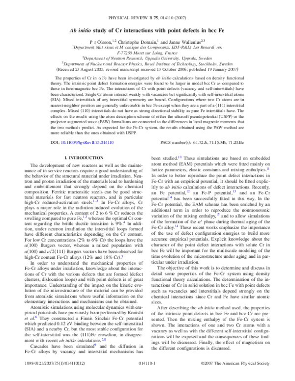 (PDF) Ab initio study of Cr interactions with point defects in bcc Fe