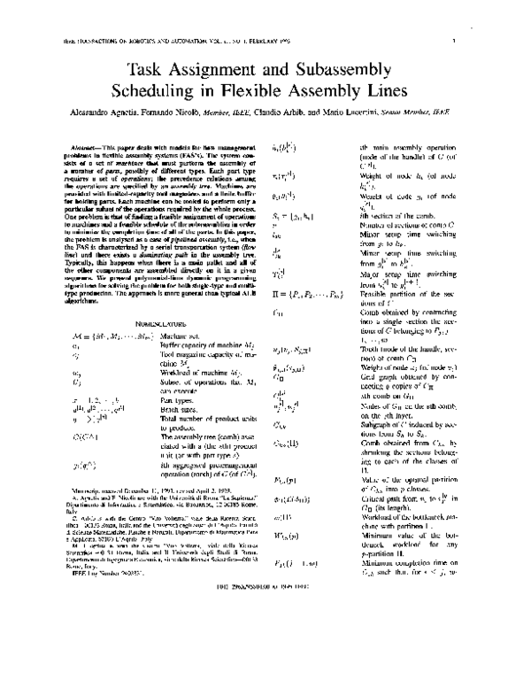 (PDF) Task assignment and subassembly scheduling in flexible assembly lines