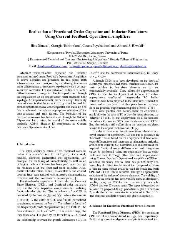 Pdf Realization Of Fractional Order Capacitor And Inductor Emulators Using Current Feedback