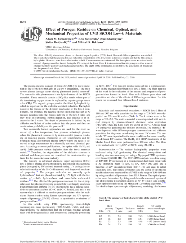 (PDF) Effect of Porogen Residue on Chemical, Optical, and Mechanical Properties of CVD SiCOH Low ...