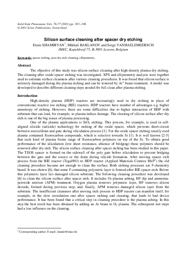 (PDF) Silicon Surface Cleaning after Spacer Dry Etching