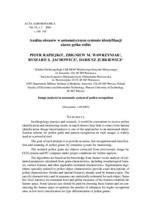 Pdf Image Analysis In Automatic System Of Pollen Recognition