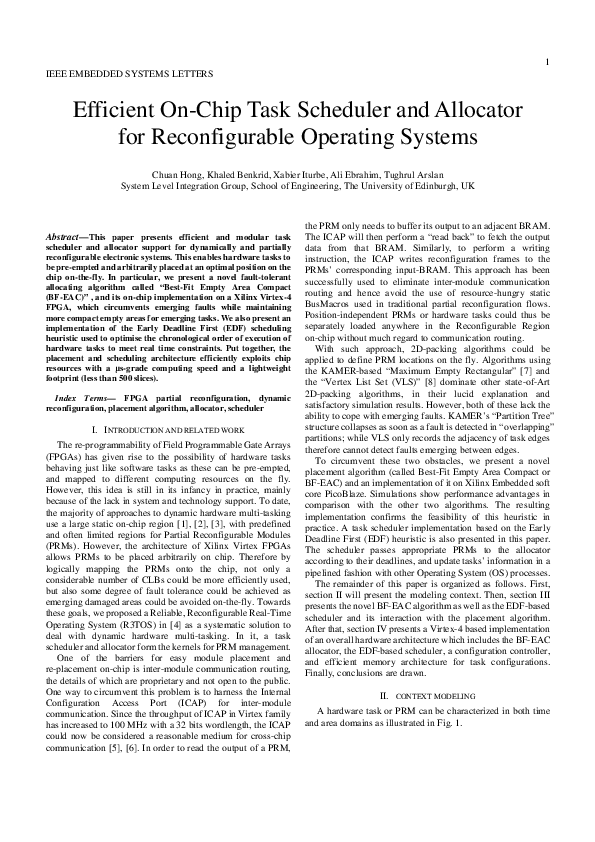 (PDF) Efficient On-Chip Task Scheduler and Allocator for Reconfigurable Operating Systems