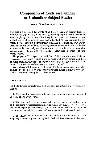 (PDF) Comparison of texts on familiar or unfamiliar subject matter