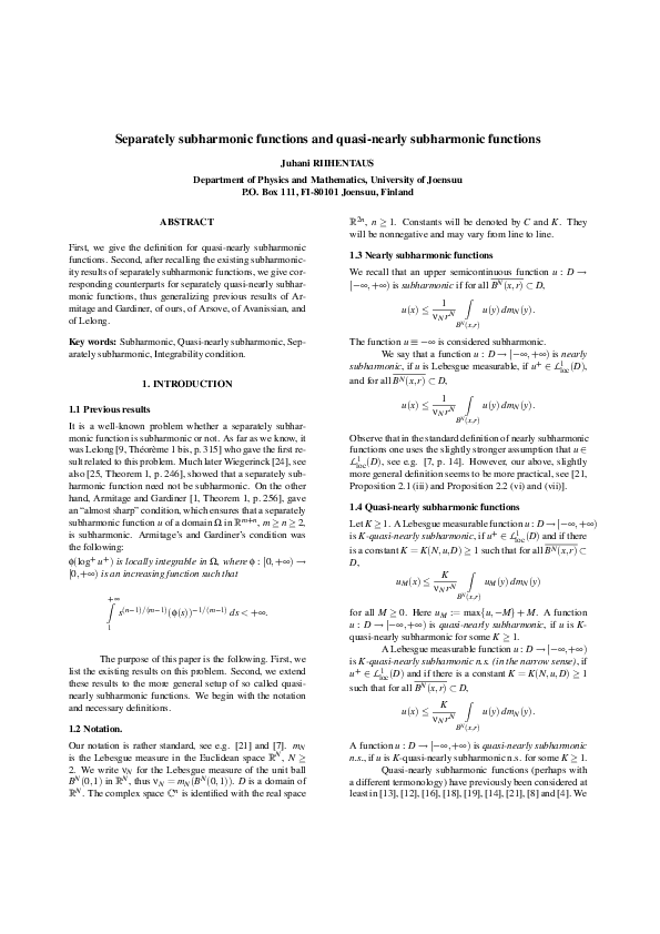 (PDF) Separately subharmonic functions and separately quasi-nearly subharmonic functions
