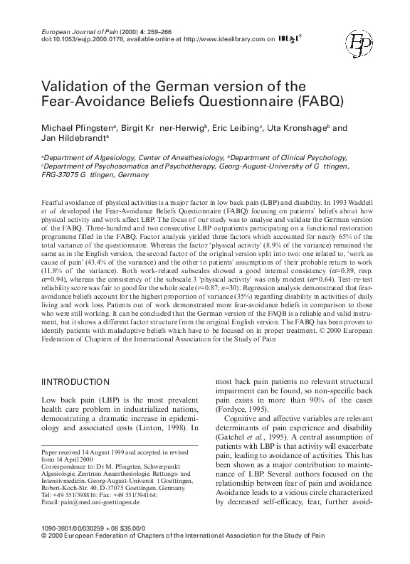 (PDF) Validation of the German version of the Fear-Avoidance Beliefs ...