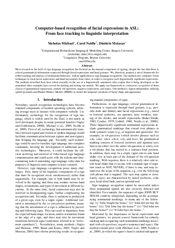 (PDF) Computer-based recognition of facial expressions in ASL: From face tracking to linguistic ...