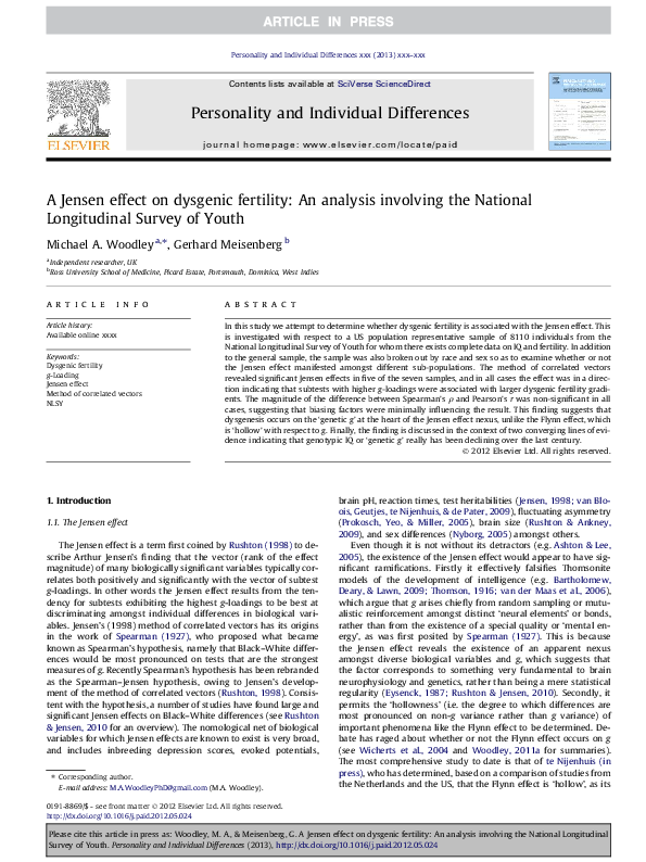 (PDF) A Jensen effect on dysgenic fertility: An analysis involving the ...