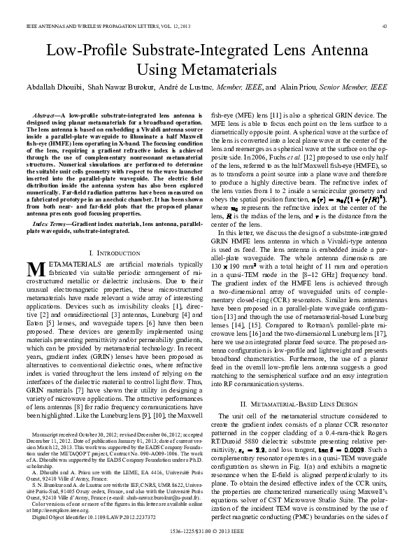 (PDF) Low-Profile Substrate-Integrated Lens Antenna Using Metamaterials